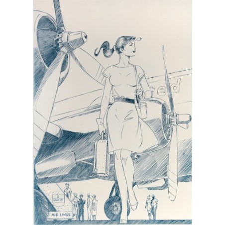 Plaque émaillée Pin-up - Pin-up avion (crayonné) 47x68